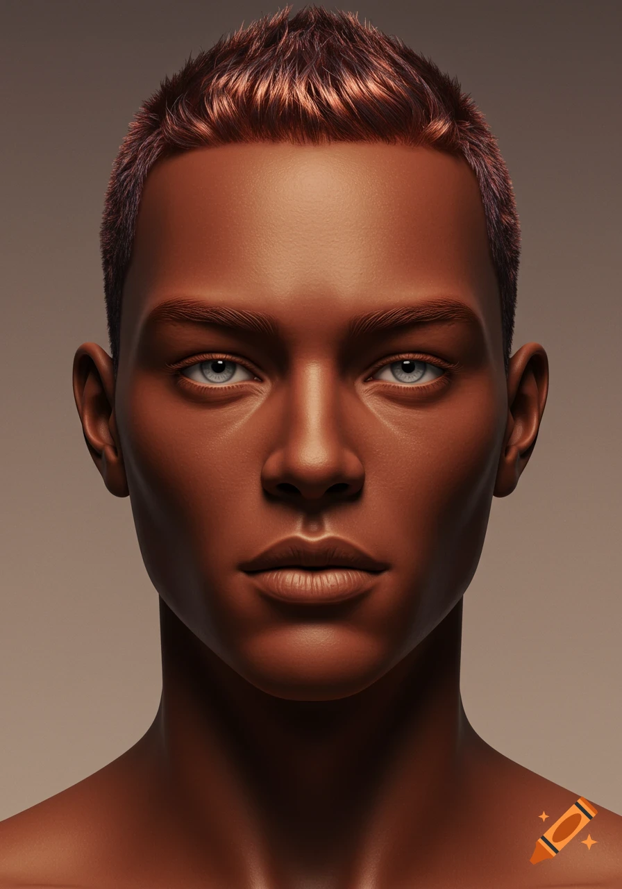 Close-up portrait of a bald person with luminous skin against a starry ...