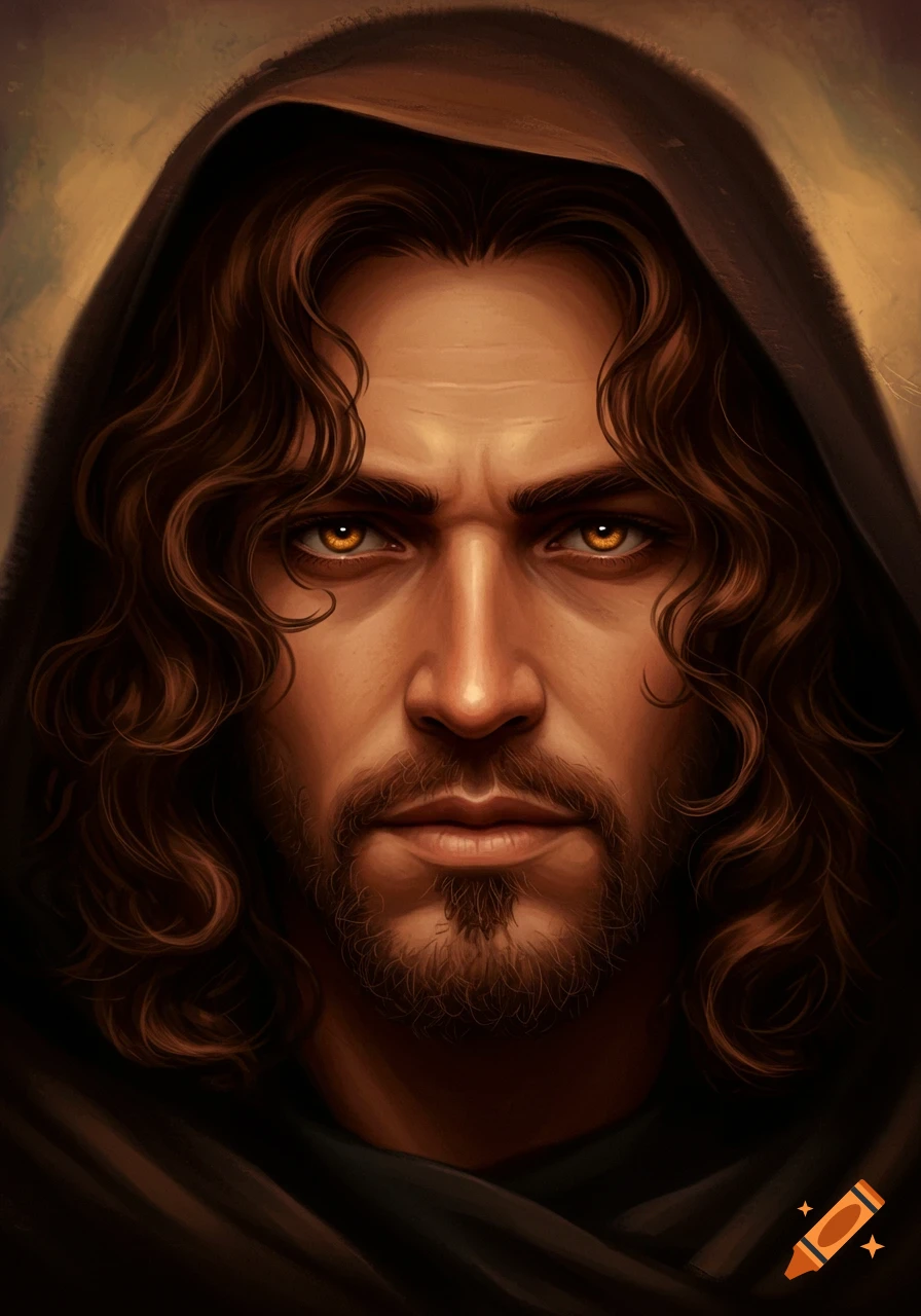 A close-up portrait of a stern man with amber eyes, long curly brown ...