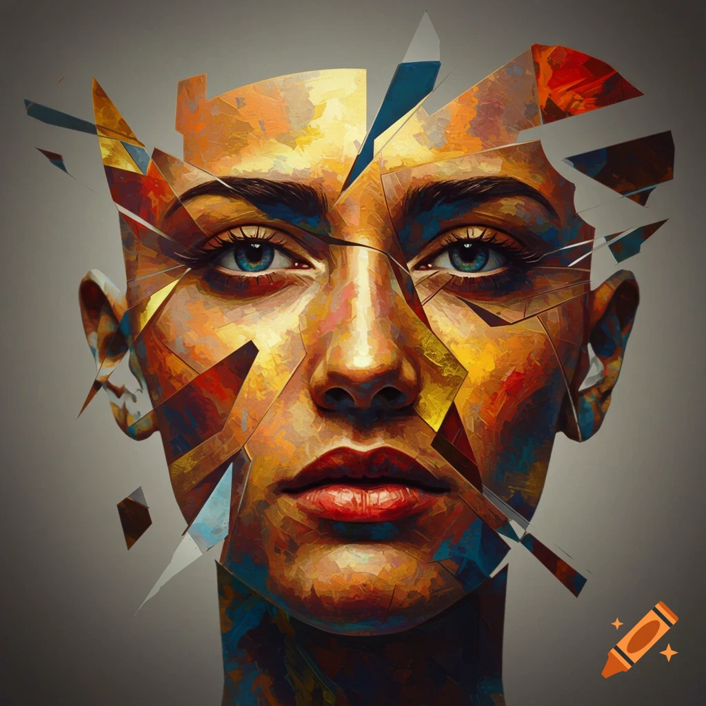 Colorful abstract portrait of a woman in a cubist art style, featuring ...