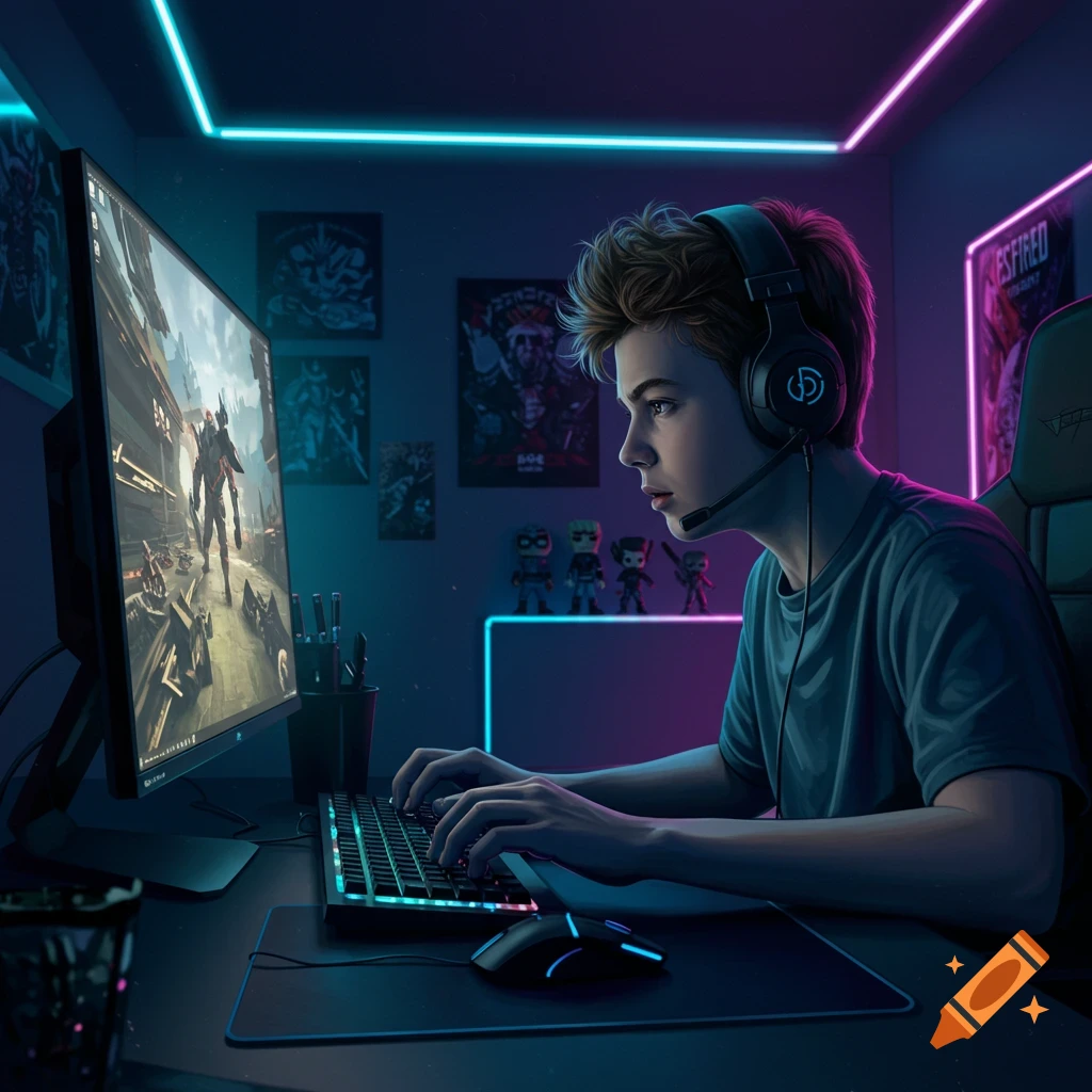 Digital painting of a boy playing a computer game in his bedroom with a ...