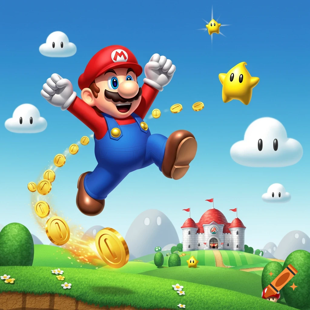 Super Mario jumping over gold coins in a vibrant, cartoonish landscape ...