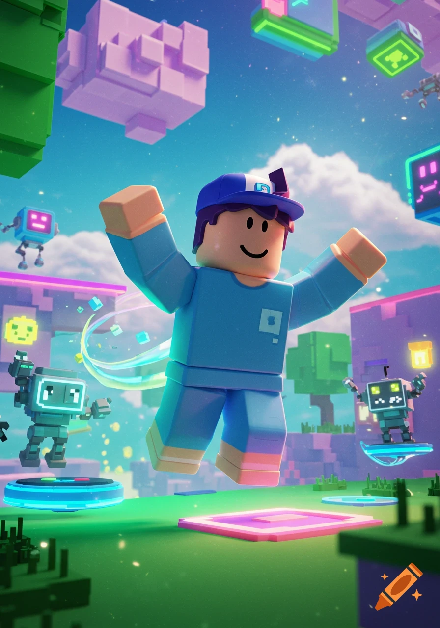 A blocky armored character, resembling a Roblox avatar, stands in a ...