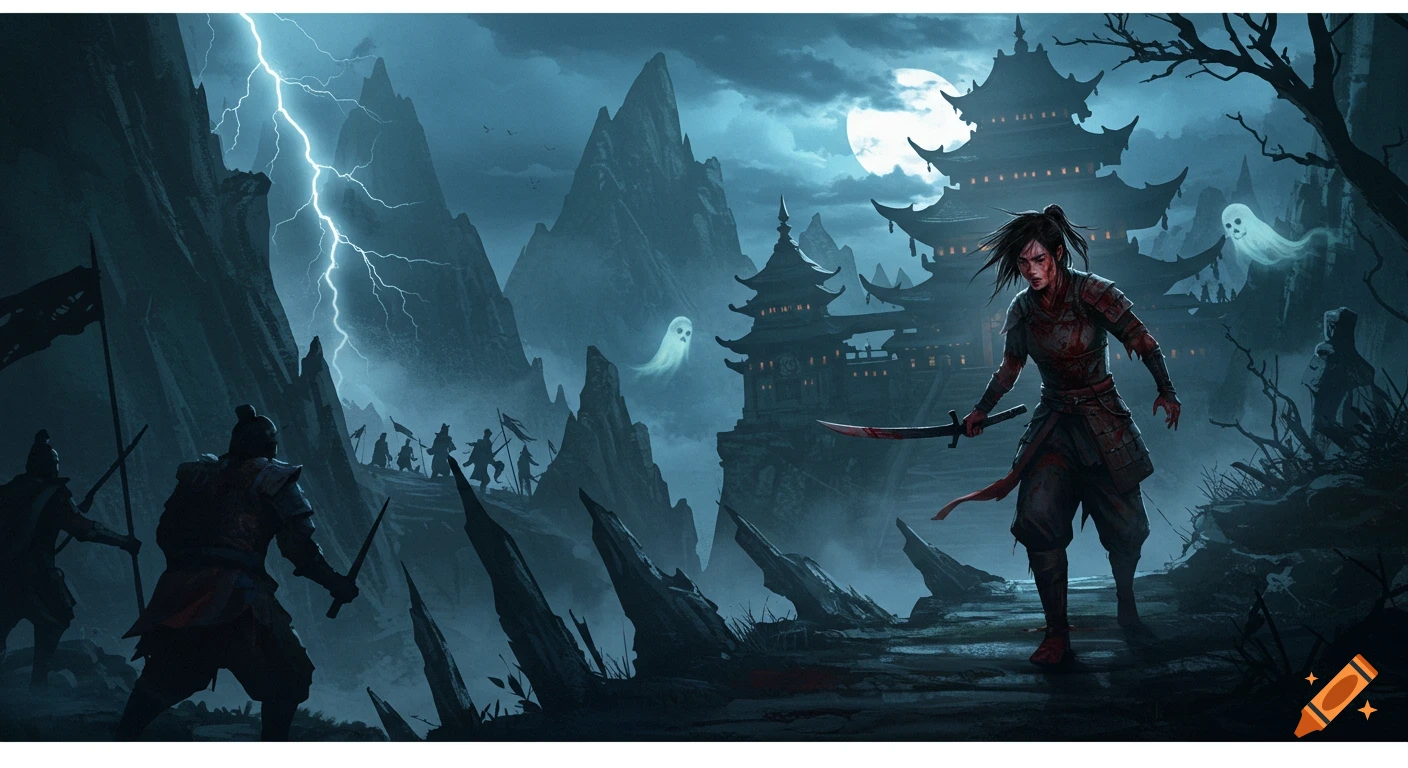 Samurai Jack on a cliff edge with katana, illuminated by a full moon ...