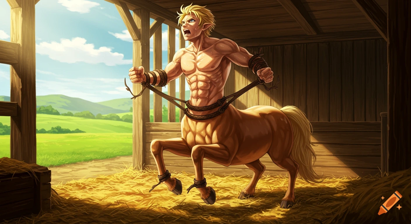A muscular blond male centaur struggles with harnesses at a vibrant ...