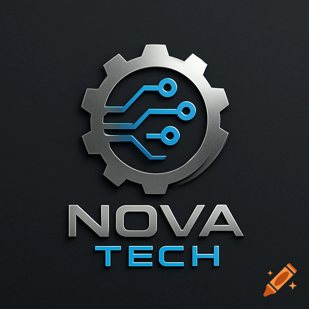 A 3D metallic logo for Nova Tech, featuring a silver gear with blue circuit lines inside and the ...