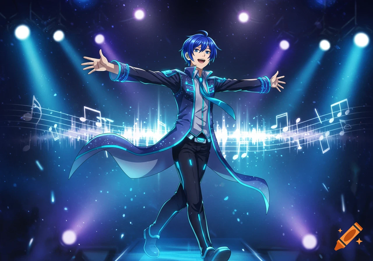 Anime character Kagamine Len, in a Hatsune Miku costume, dances on a ...