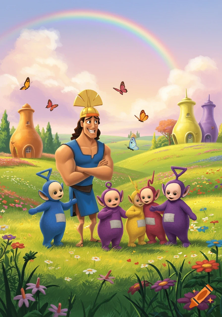 Kronk from The Emperor's New Groove stands with four Teletubbies in a ...