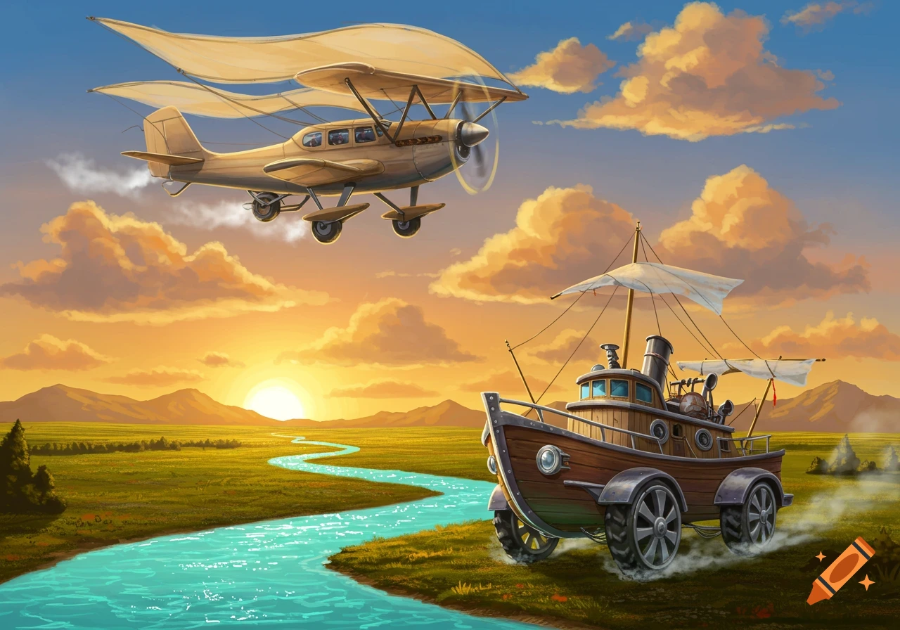 A whimsical biplane with sail-like wings flies above a green landscape ...
