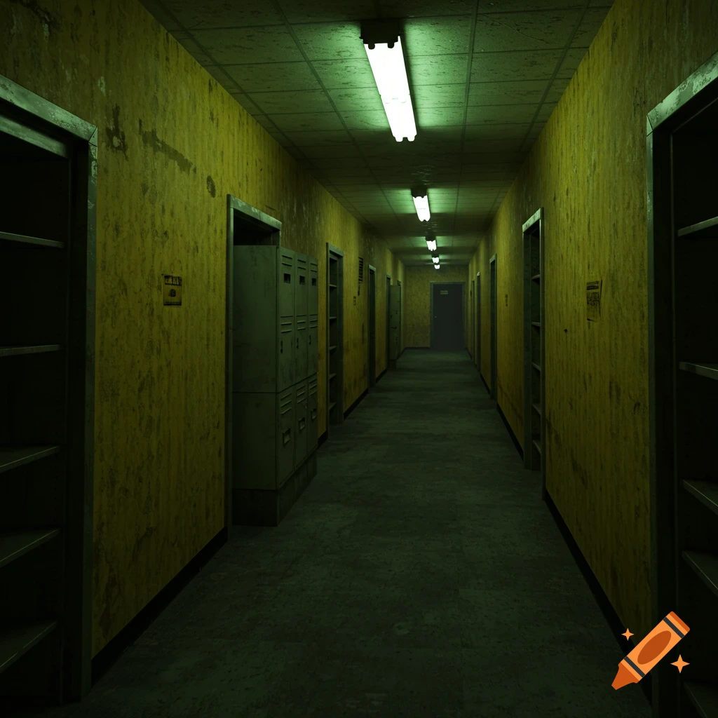 A long, dimly lit, narrow yellow hallway with patterned wallpaper and ...