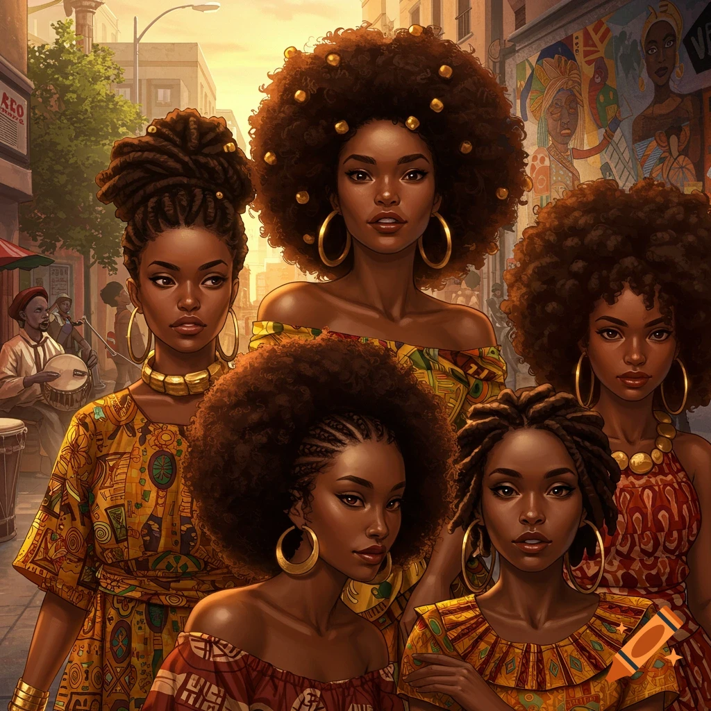 Painting of three women with flowers in their hair in afrofuturism ...