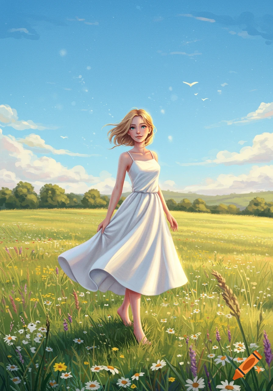 A red-haired woman in a flowing dress stands under a tree in a sunlit ...