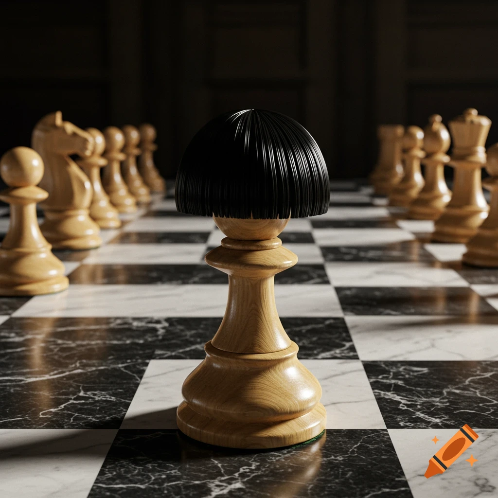 Two young, stylized boys play chess from an overhead angle, one moving ...