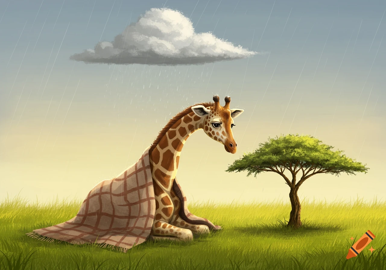 An illustration of a sad giraffe wrapped in a blanket, lying on grass ...