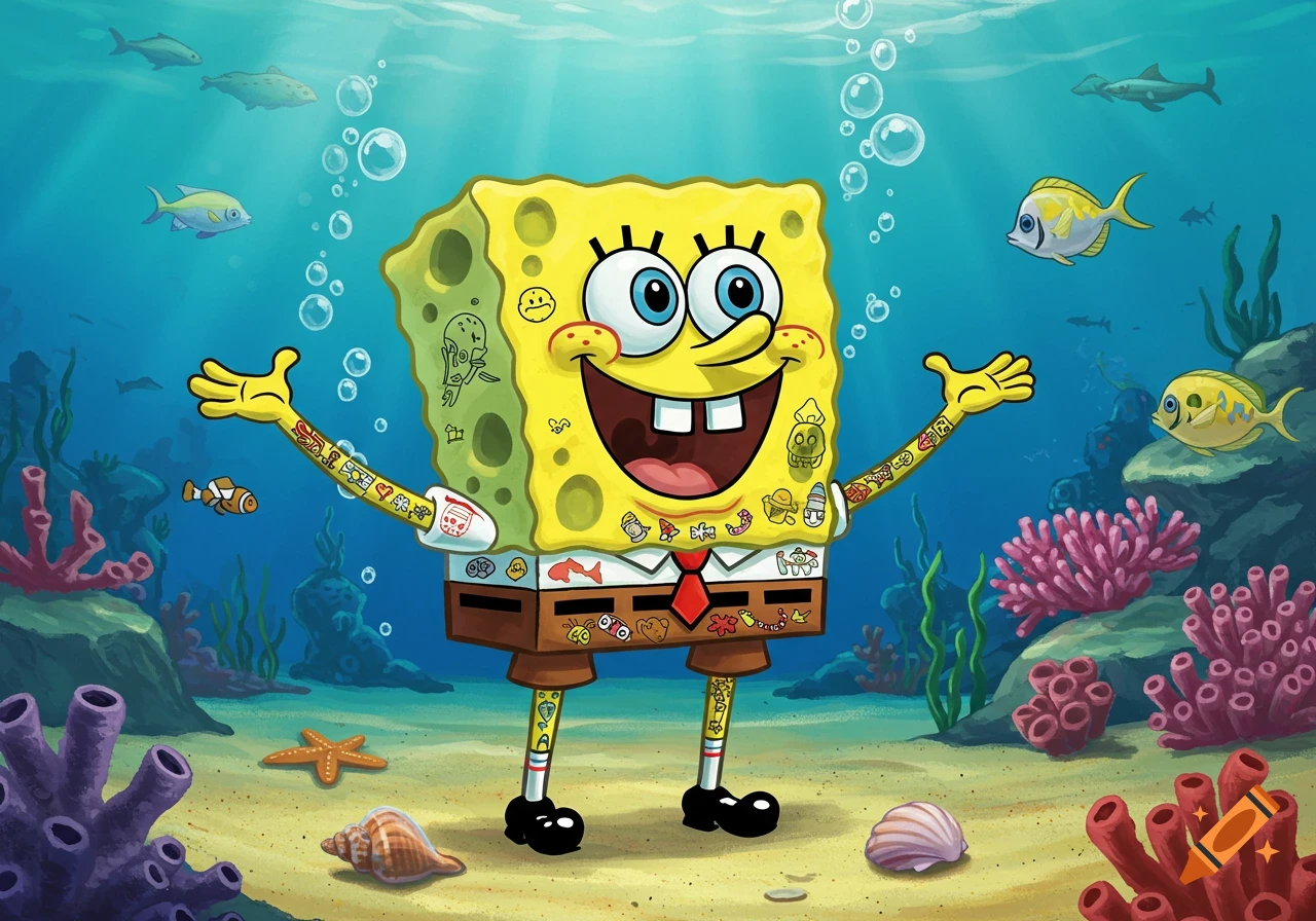 Cartoon Spongebob in an underwater lab, smiling slyly with white milk ...