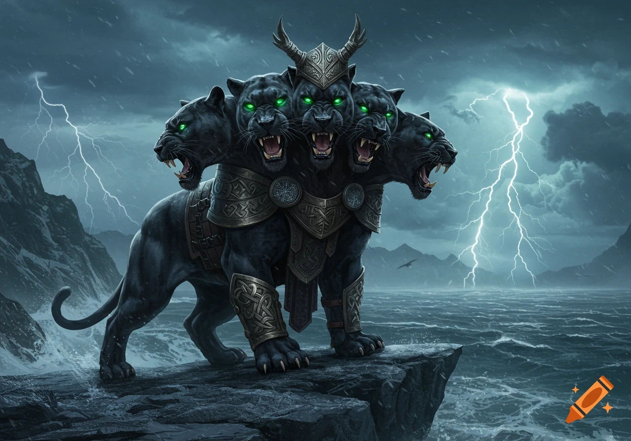 Two-headed gray serpent monster with sharp teeth and spikes on a cliff ...