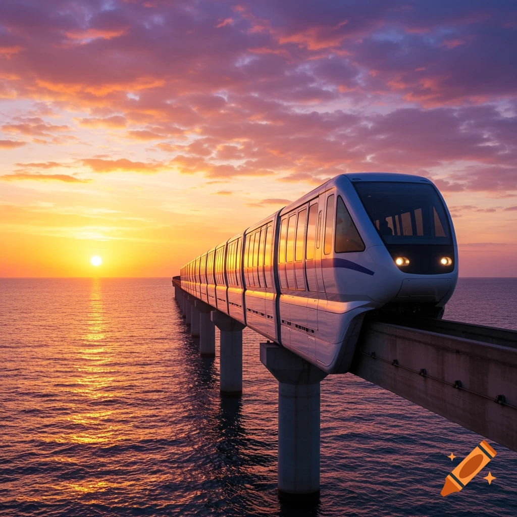 A modern monorail train travels on a track over the ocean at sunset ...