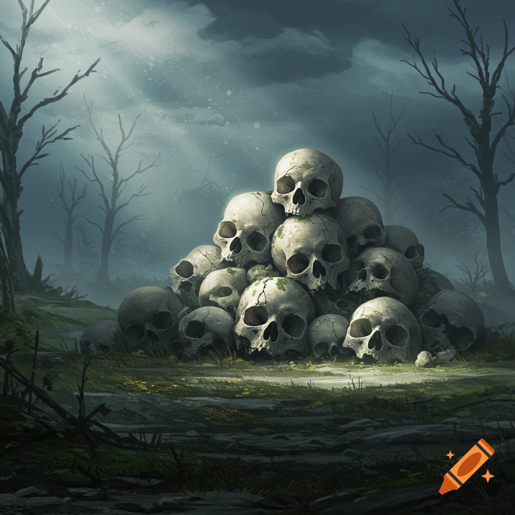 A dark, atmospheric digital painting of a large pile of human skulls ...