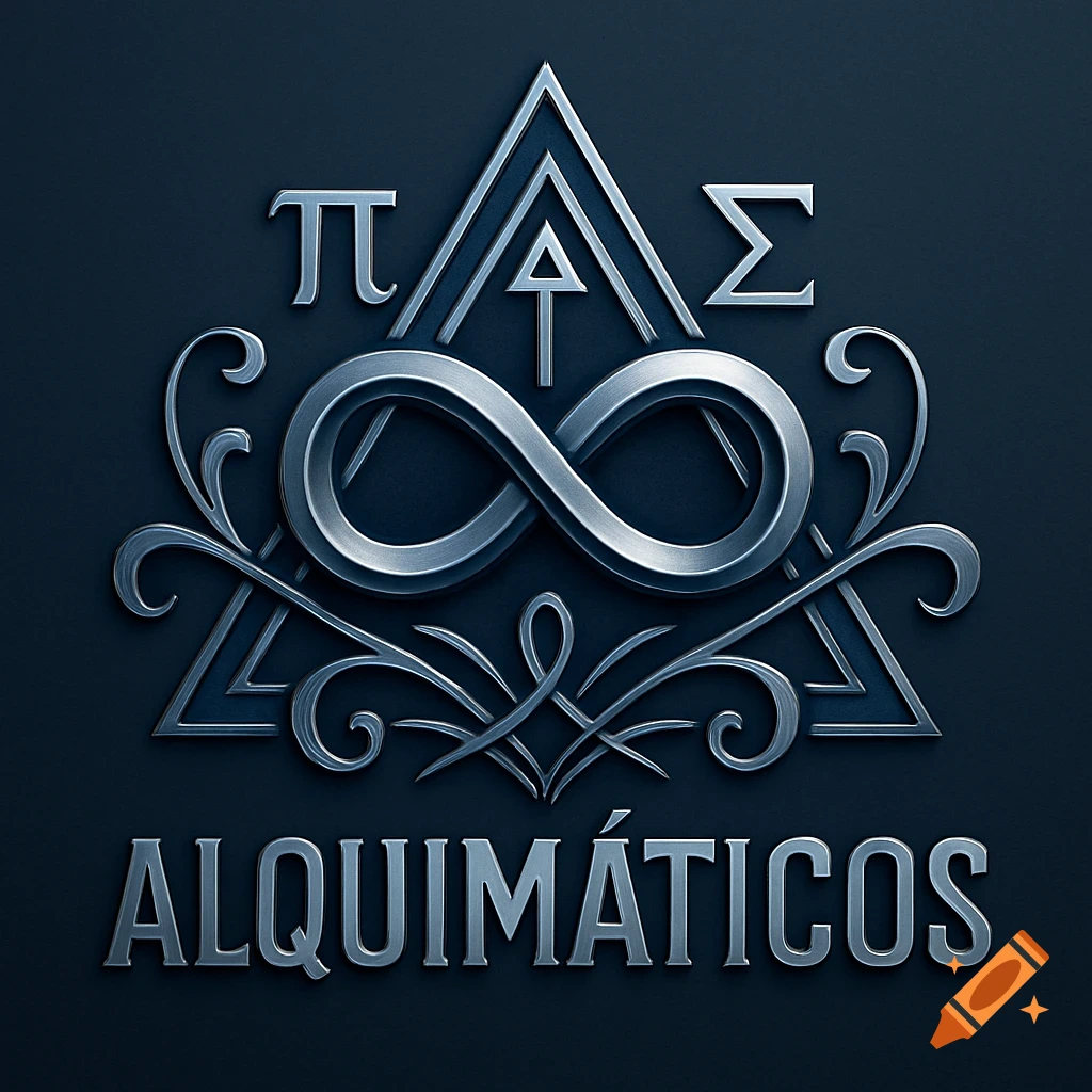 Silver metallic logo with an infinity symbol, a triangle, Greek letters ...