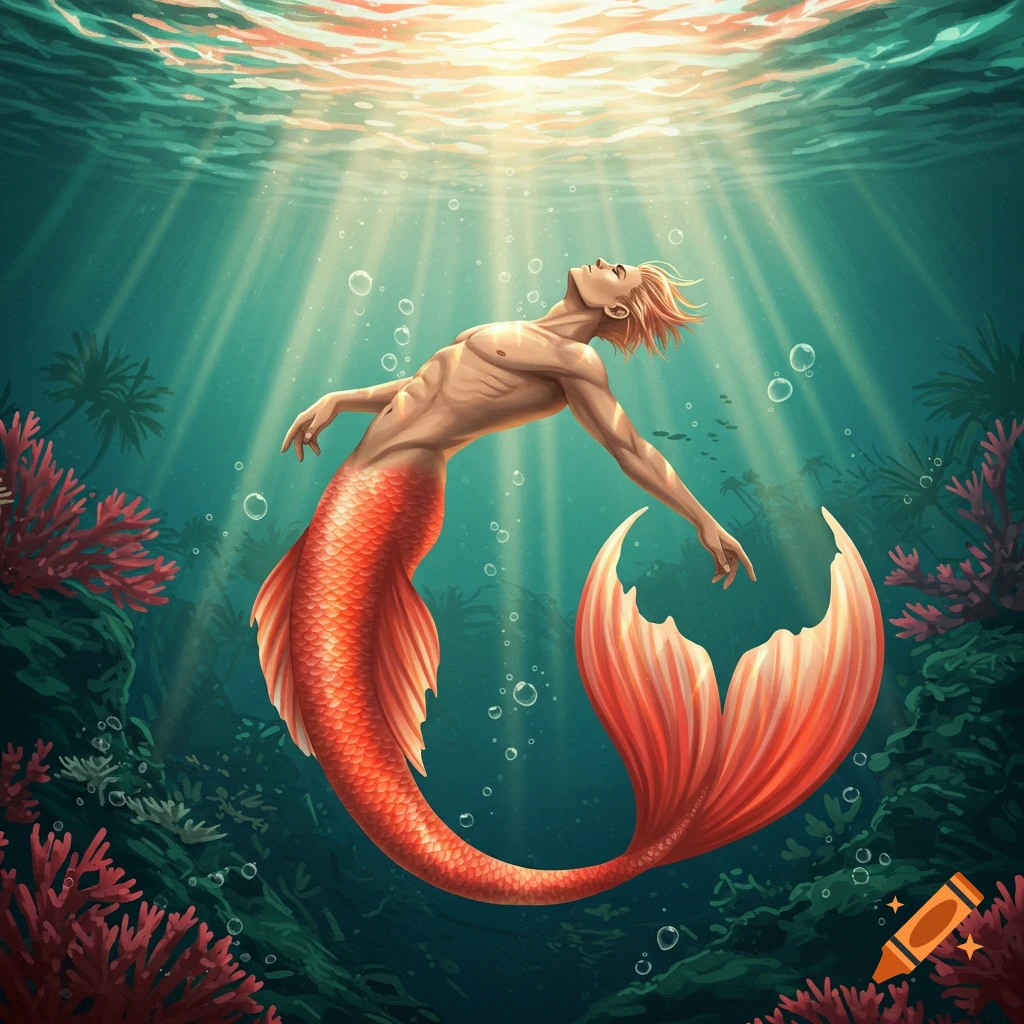 A blonde merman with a muscular torso and red-orange tail swims ...