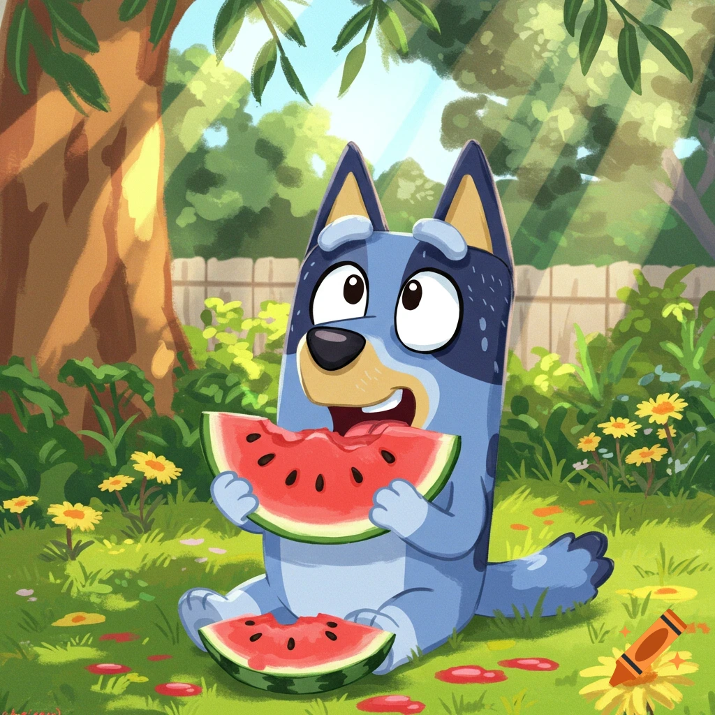 A blue cartoon dog, Bluey, sits in a sunny garden happily eating a ...
