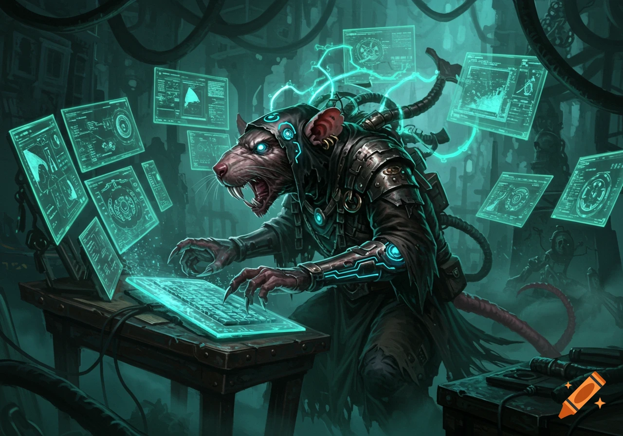 A cybernetically enhanced rat-like creature with glowing eyes and armor ...