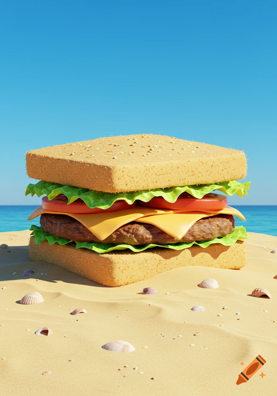 A stylized burger with sand buns, lettuce, cheese, and patty sits on a ...