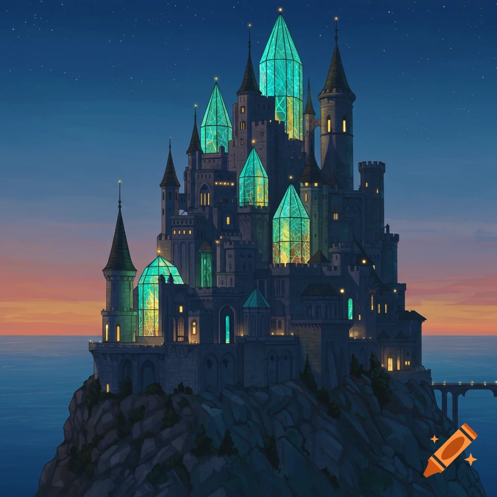 A fantastical castle with glowing turquoise crystal spires and ...