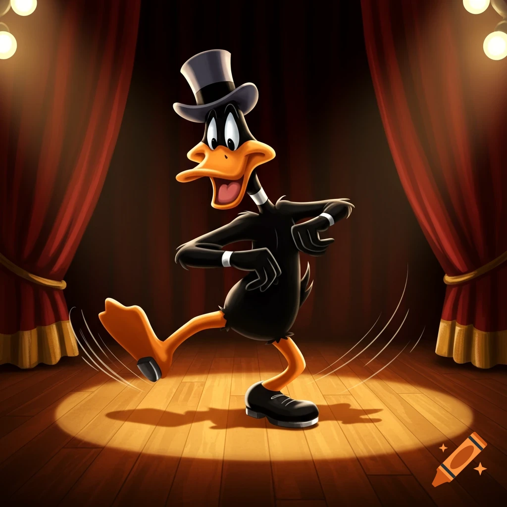 Daffy Duck in a top hat and suit tap dancing on a spotlighted stage with red curtains. on Craiyon