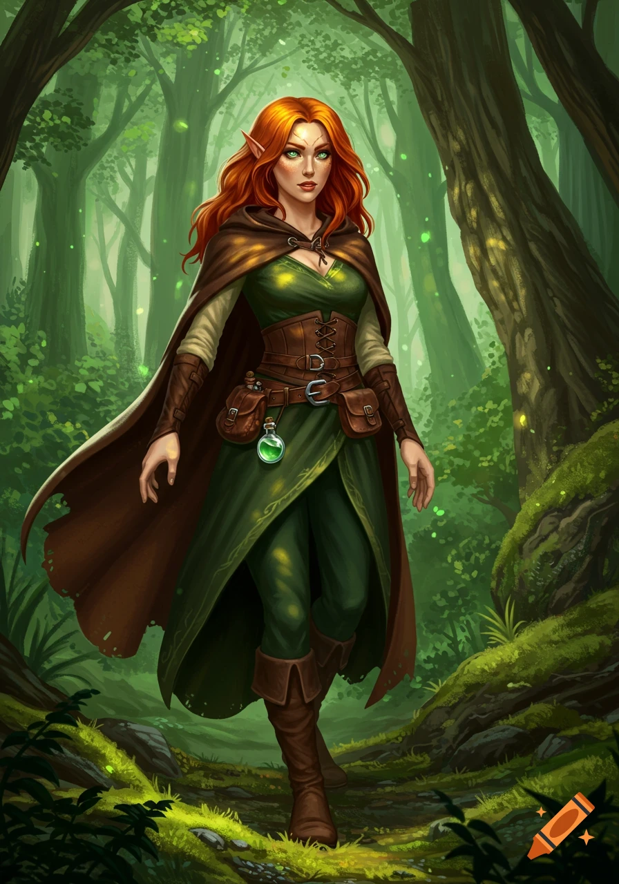 A fiery red-haired female sorcerer in green and brown adventurer gear ...