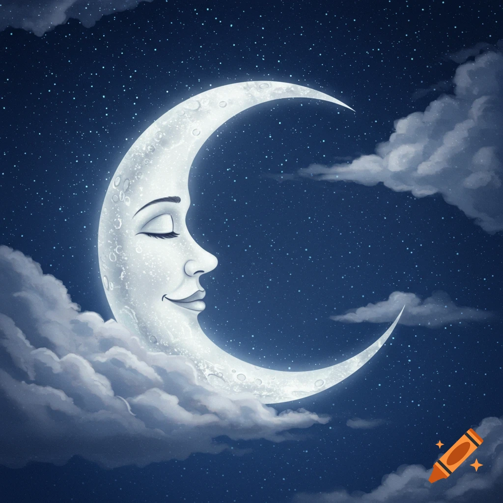 A smiling crescent moon with a face and closed eyes, surrounded by soft ...