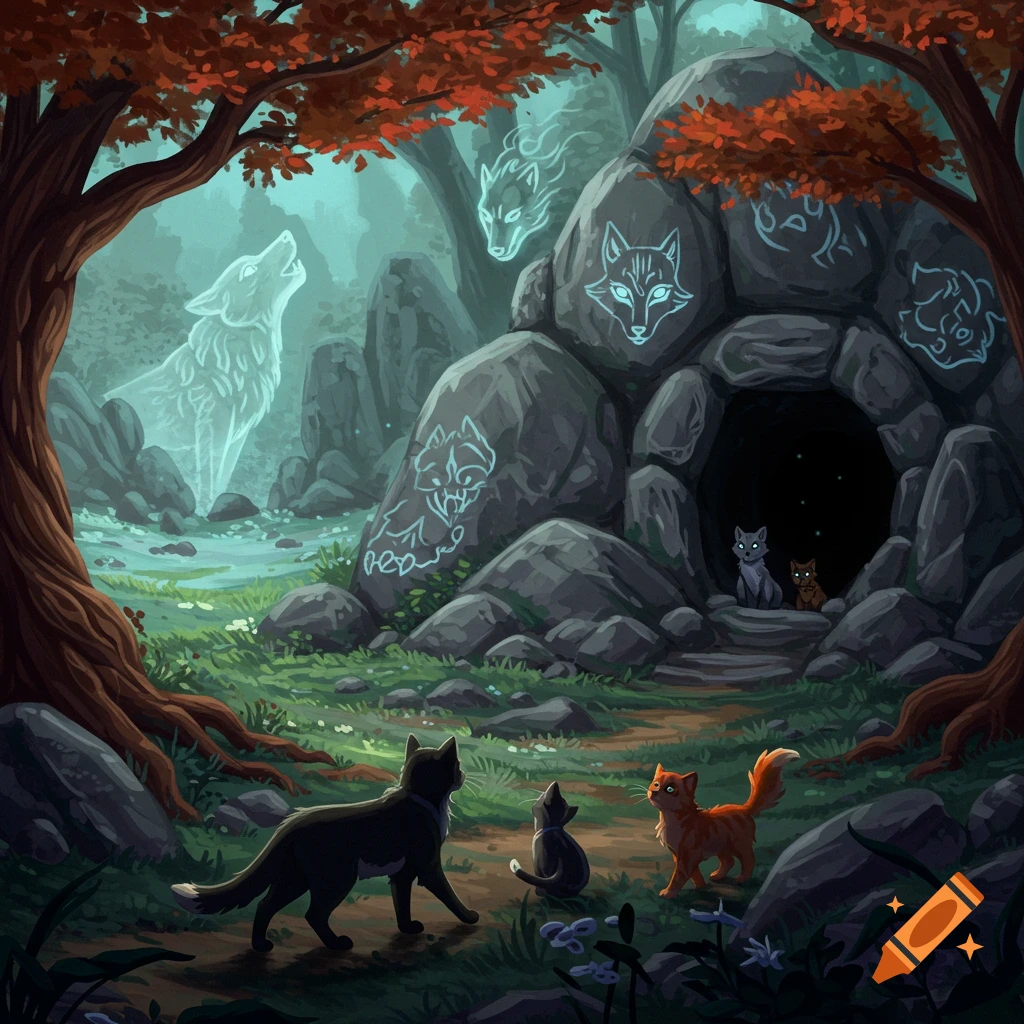 Stylized illustration of three cats in a forest clearing looking ...