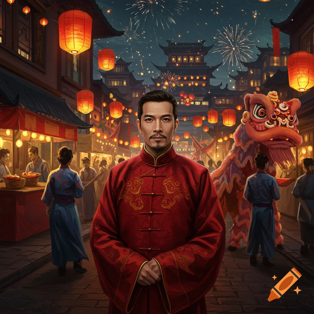 A smiling Chinese bride and groom in traditional red attire stand under ...