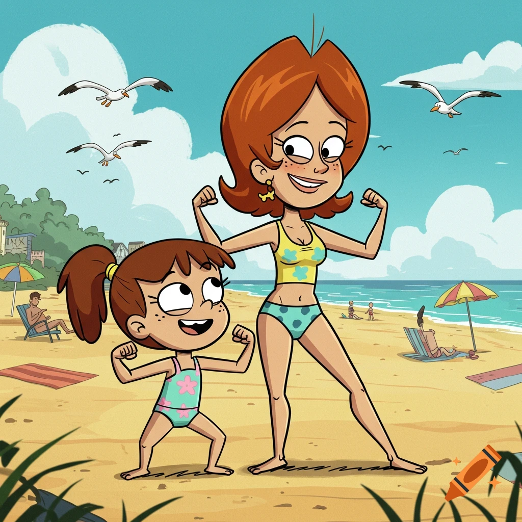 Cartoon mother in a floral bikini flexing muscles on a sunny beach with ...