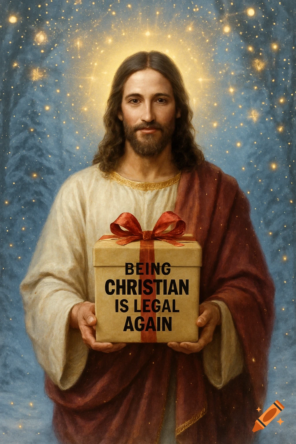 Bearded Jesus in robes holds a gift box with 'BEING CHRISTIAN IS LEGAL ...