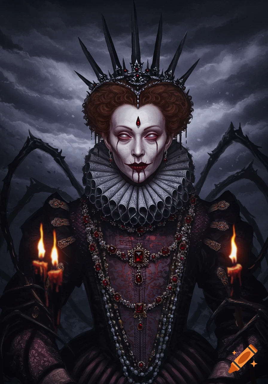 A male and female vampire, dressed in ornate gothic attire and crowns ...