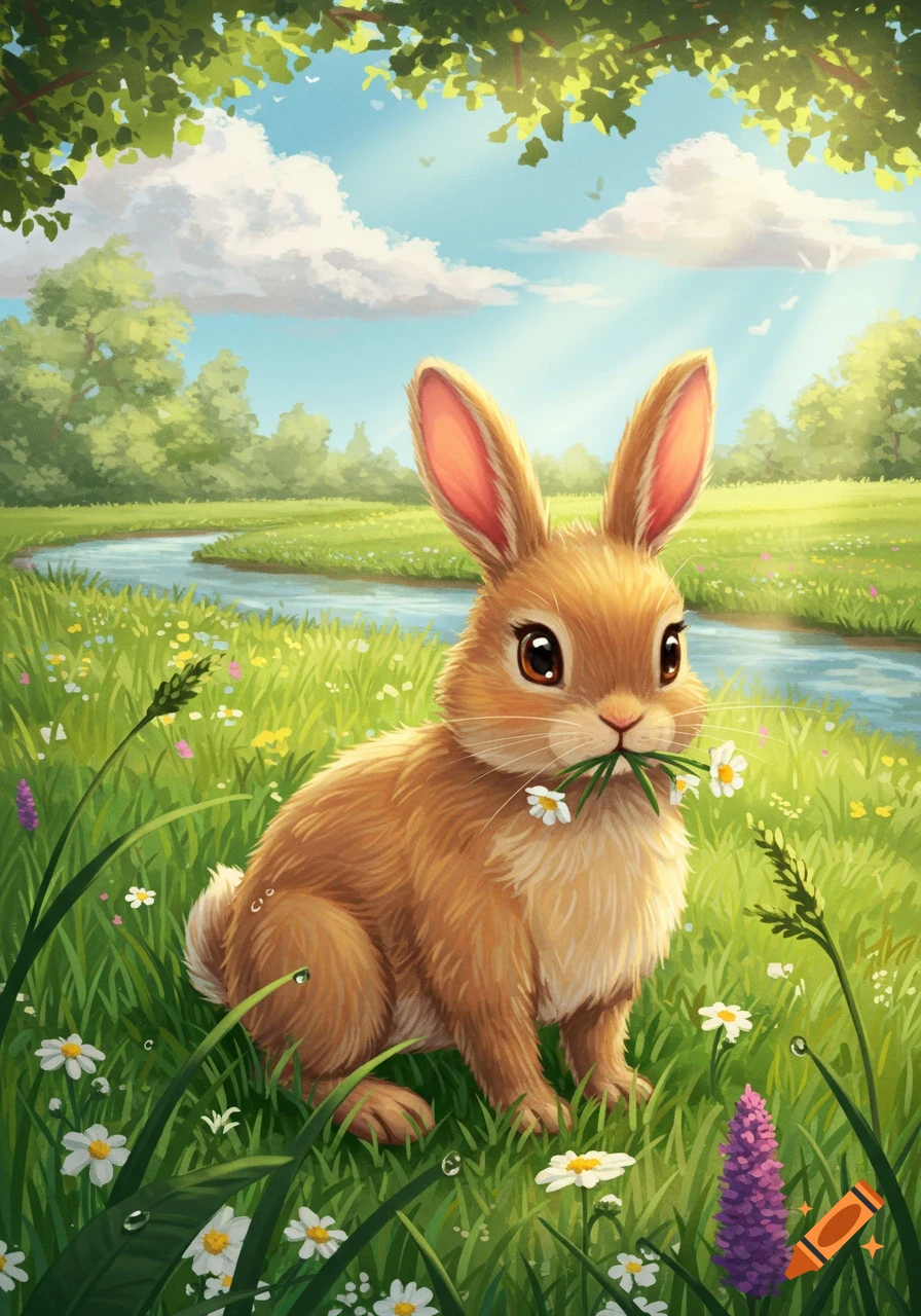 A cute brown bunny with white flowers in its mouth sits in a vibrant ...