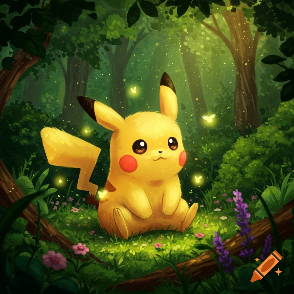 Cute baby Pikachu sitting in a glowing, magical forest with fireflies ...