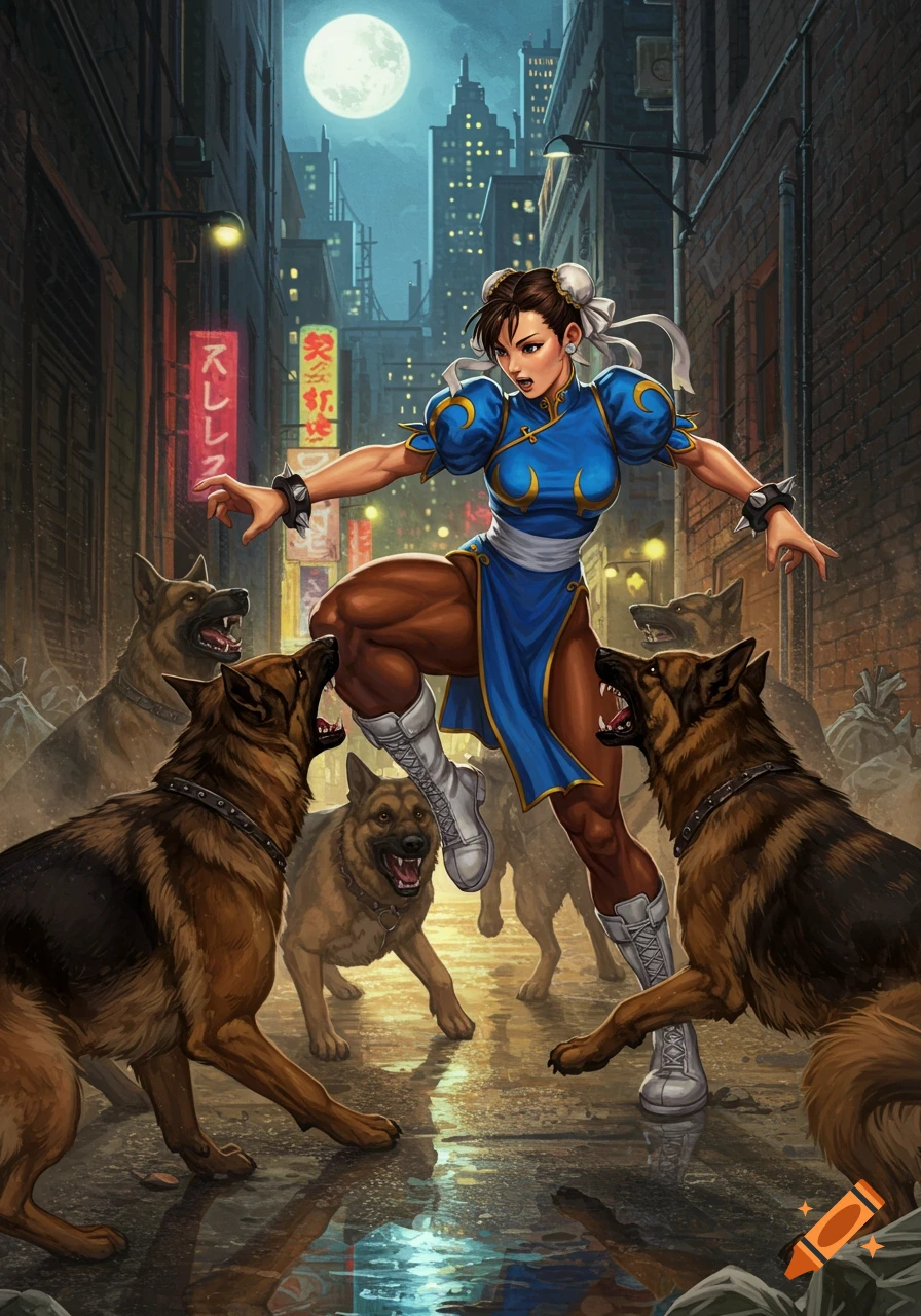 Chun-Li fights a pack of aggressive German Shepherds in a dark city ...