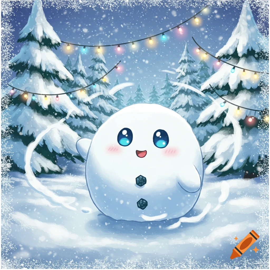 Cute anime snowman with large blue eyes and rosy cheeks rolling in a ...