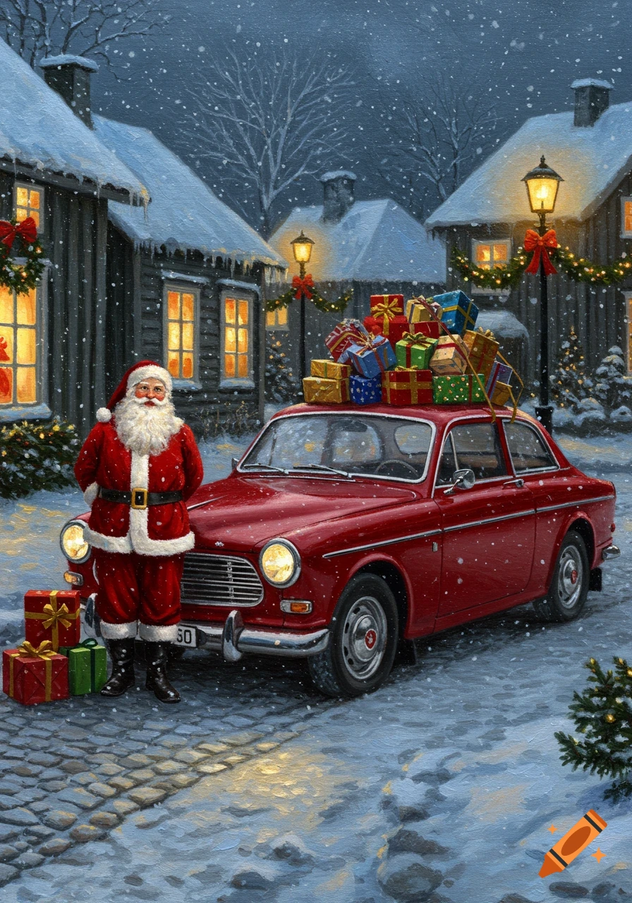 A snowy street scene with a blue Peugeot 205 hatchback car, carrying a ...