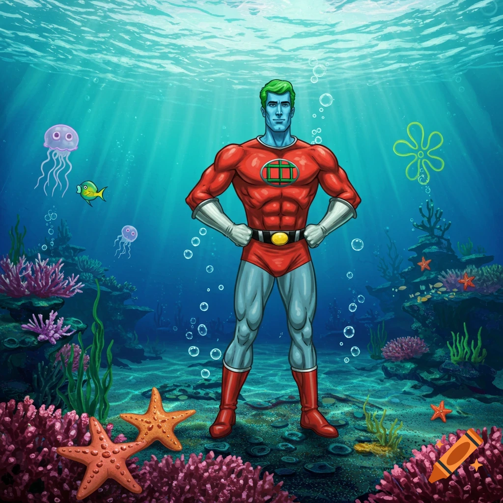 Captain Planet stands underwater with his hands on his hips, surrounded ...