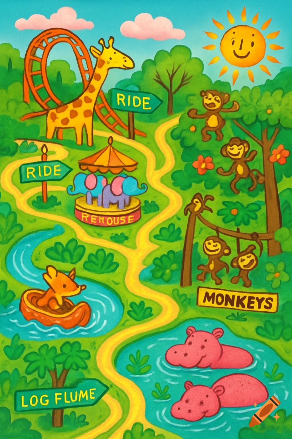 A vibrant cartoony theme park map with a giraffe, roller coaster ...