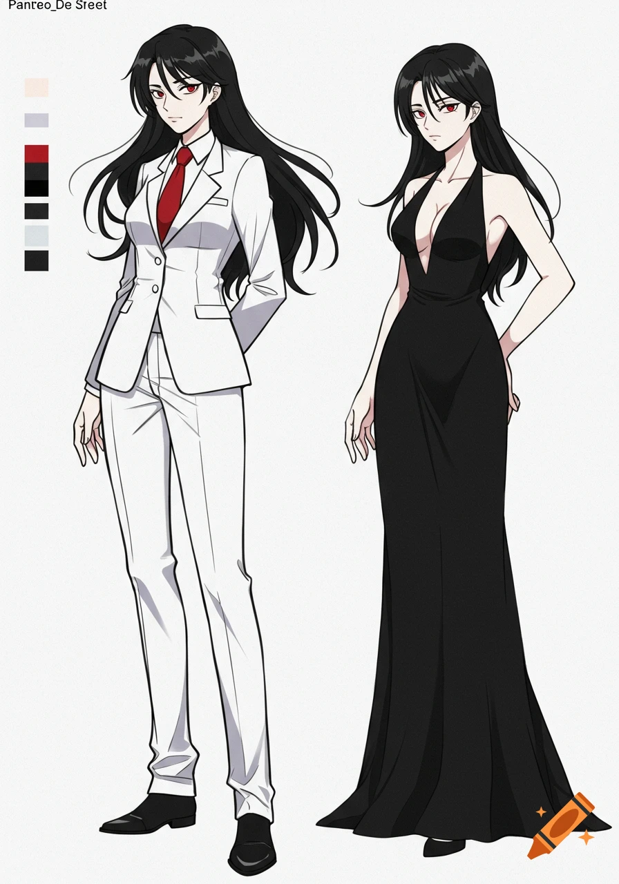 Anime character reference sheet showing a woman with long black hair ...