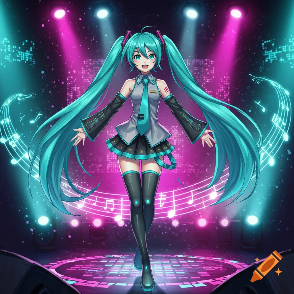 Anime character Hatsune Miku performs on a futuristic stage bathed in ...
