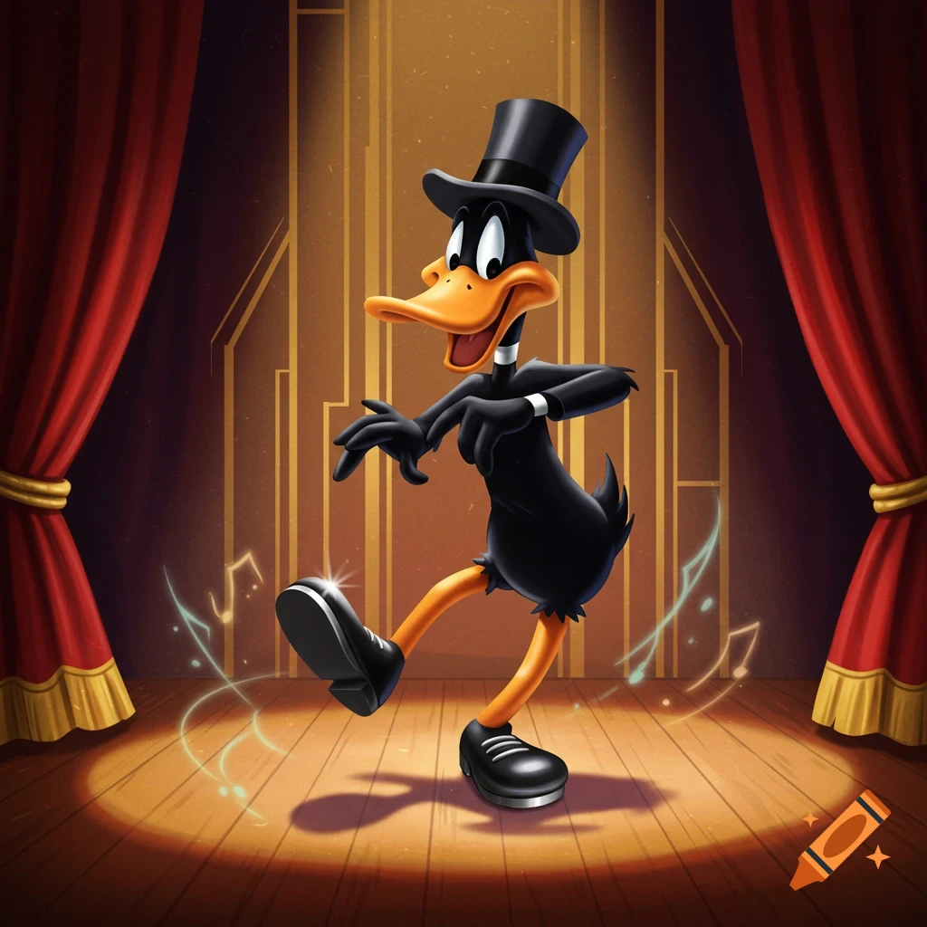 Donald Duck in a tuxedo and top hat tap dancing on a spotlighted stage ...