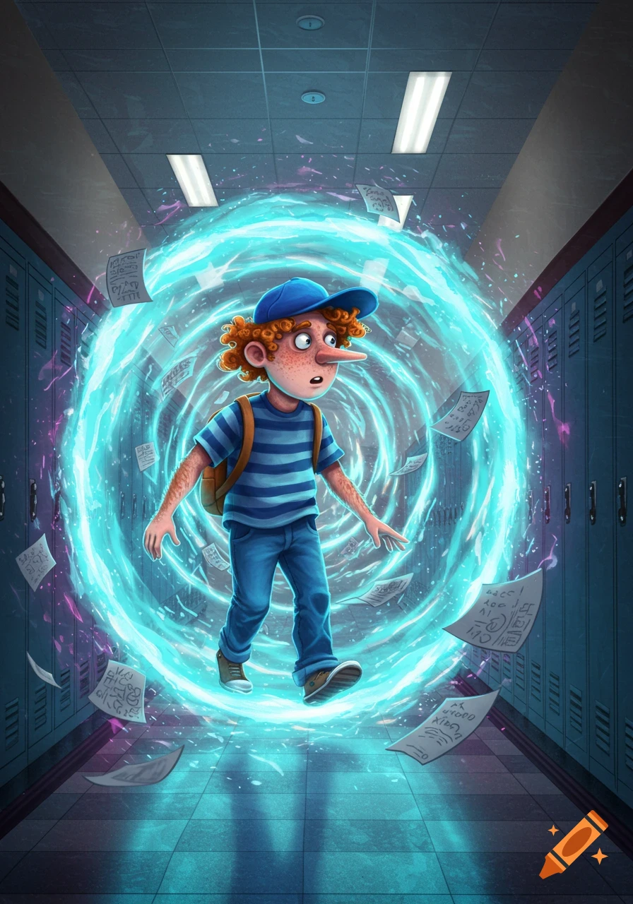 A wide-eyed cartoon boy with large ears and a backpack looks at his ...