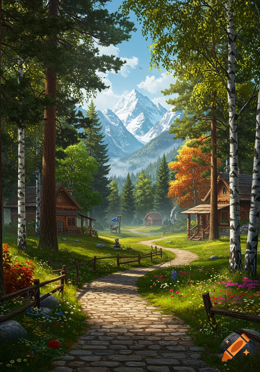 A majestic evergreen tree stands in a misty mountain forest with houses ...