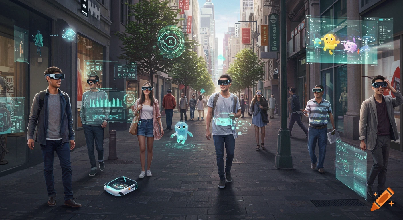 People walk on a bustling city street, wearing AR glasses and ...