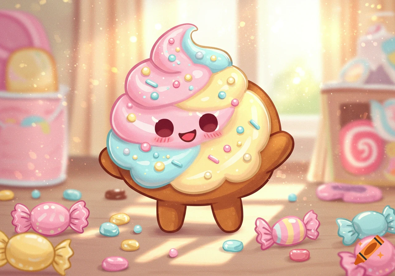 A cute cartoon illustration of a smiling cookie-cupcake hybrid with ...