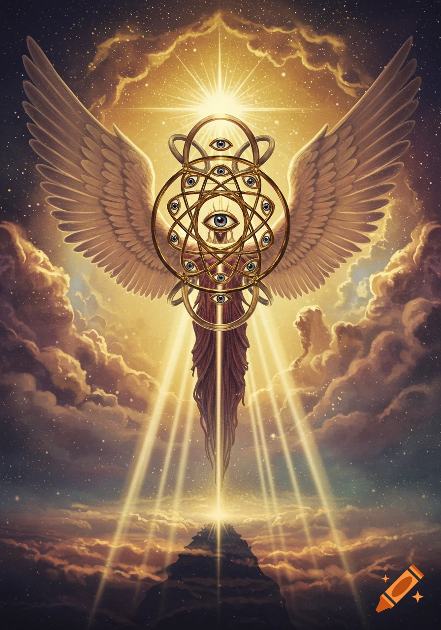 A radiant, multi-eyed seraphim angel with large golden wings descends ...